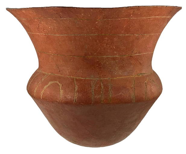 11 3/4" H. x 14" D. Red Engraved Seed Jar. Flared "spittoon" type rim ...