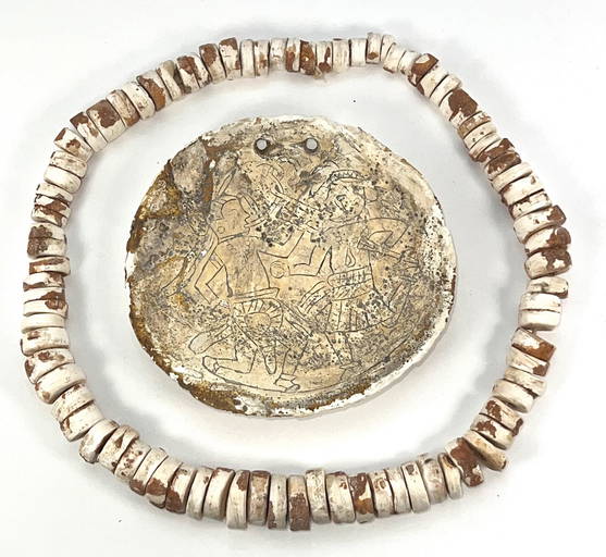 4 1/8" Engraved Shell Gorget and 17" Shell Bead Necklace. Ex-Dr ...