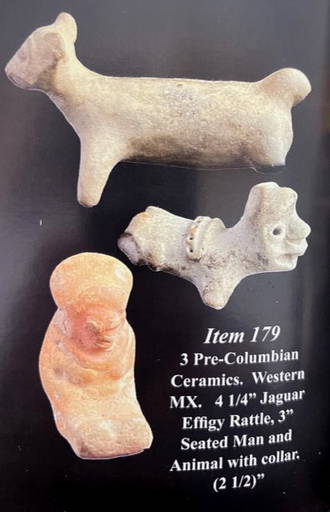 3 Pre Columbian Ceramics. Mx. Jaguar Effigy Rattle, Seated Man And ...