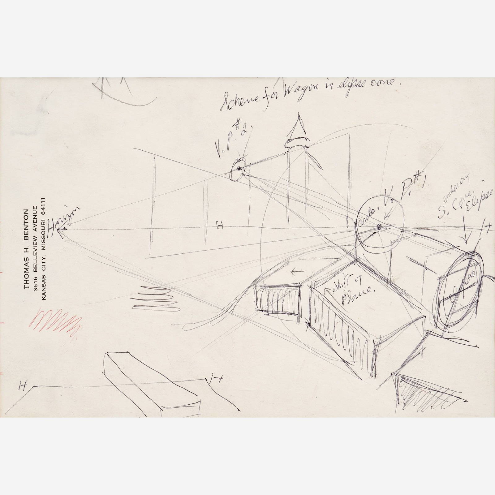 Thomas Hart Benton "wagon In Ellipse Cone" Pen And Ink, Joplin Mural ...