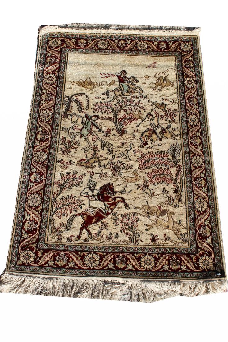 Chinese, Persian Design Hunt Scene Silk Rug
