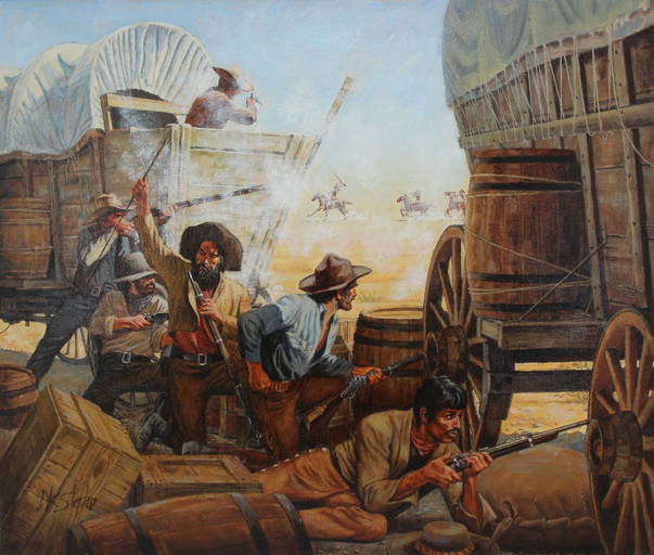 David K Stone (1922 2001) Wagon Train Under Attack