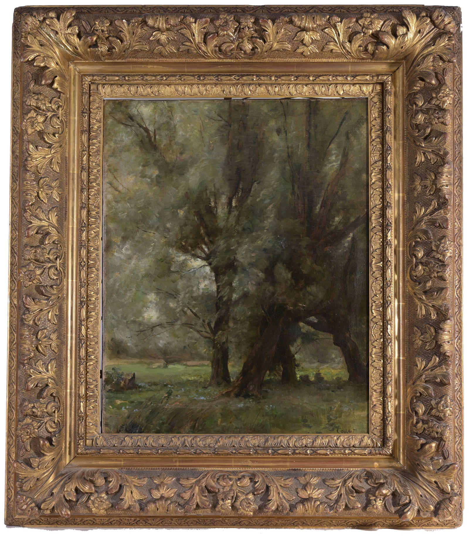 Signed Corot, Wooded Landscape Painting Auction