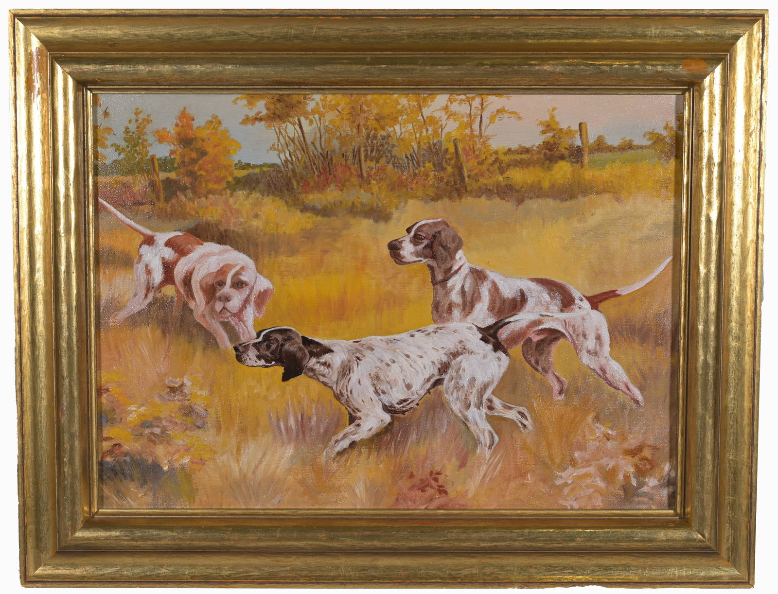Early 20th C. Painting Of Three Hunting Dogs Auction