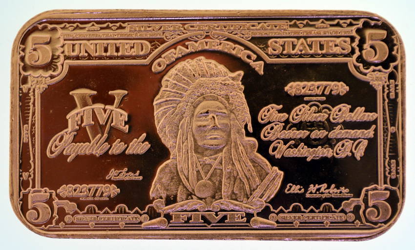 $5 Indian Chief Note 1 oz Copper Bar (#0094) on Jun 30, 2022 | Kamy INC ...