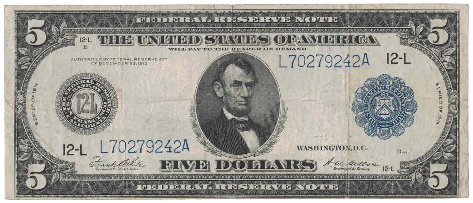 1914 $5 Five Dollar Blue Seal Lincoln Bank Note Us Bill Auction