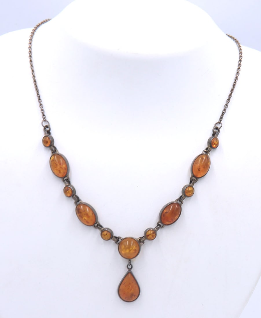 Vintage 925 Sterling Silver Amber Necklace Auction