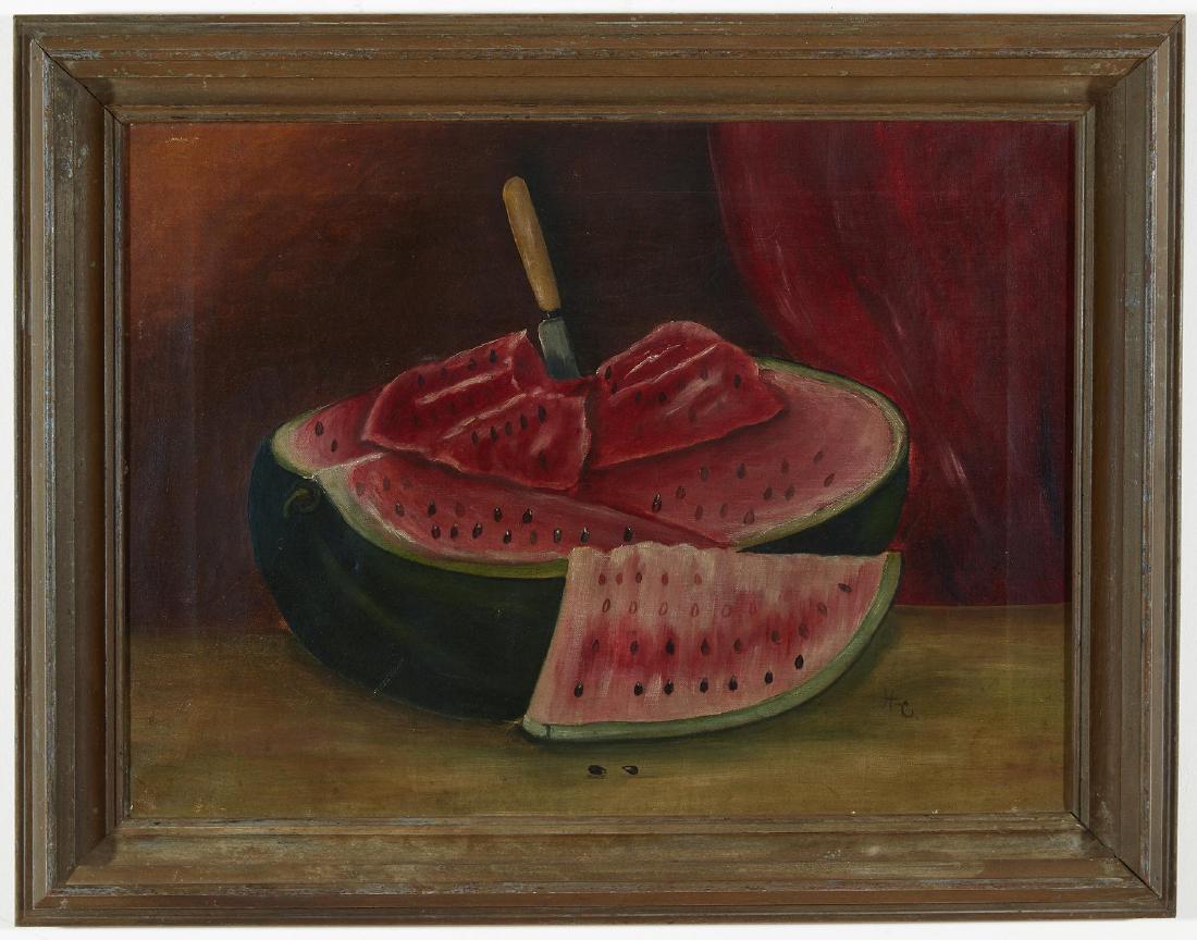 Antique Folk Art Watermelon Still Life Painting