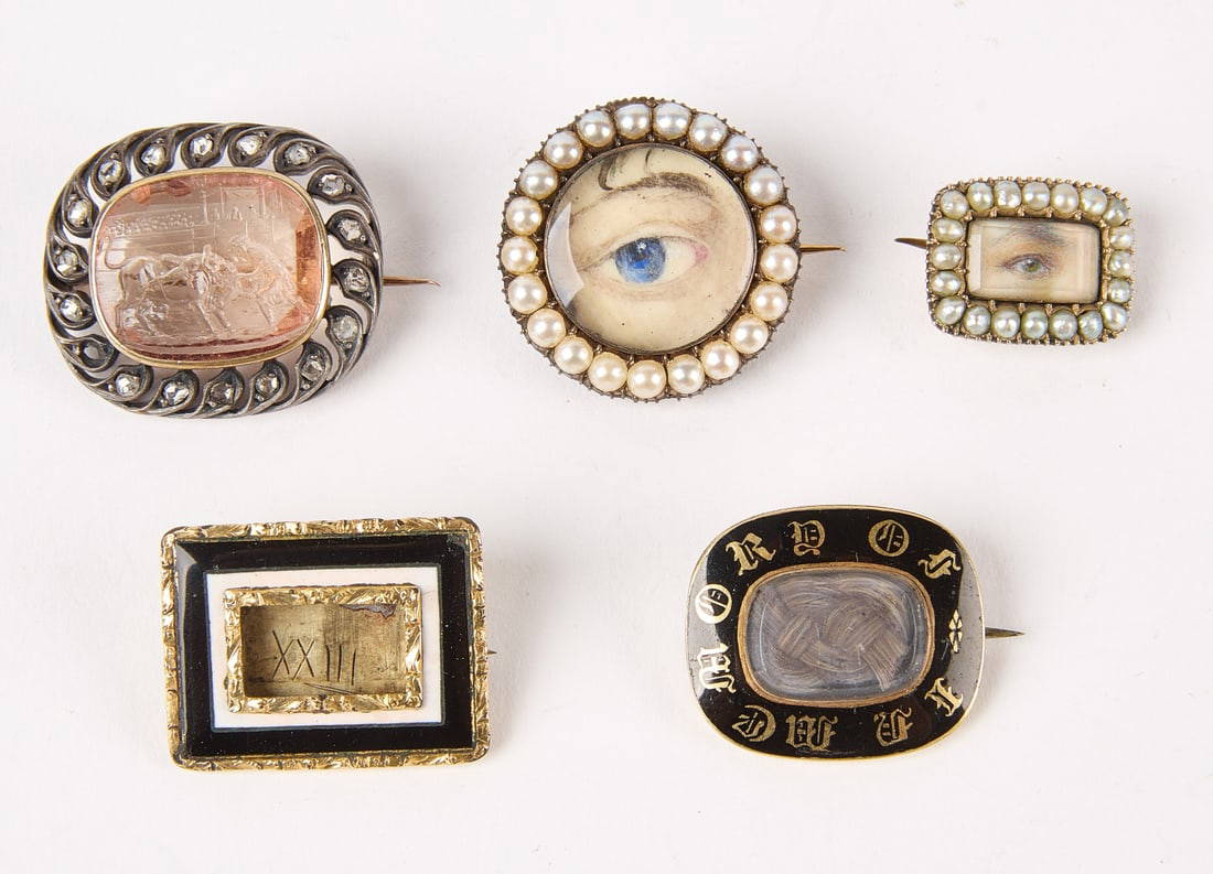 Four Gold Mourning Pins And Intaglio Brooch Auction