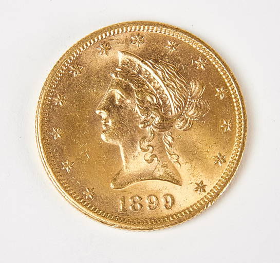 1899 Ten Dollar Gold Liberty Coin, Unc, Raw