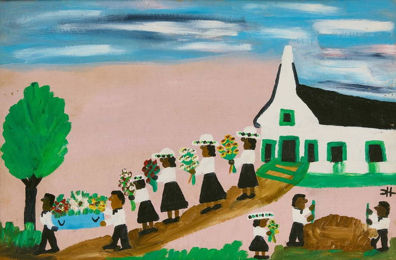 Clementine Hunter Folk Art Church Scene Painting