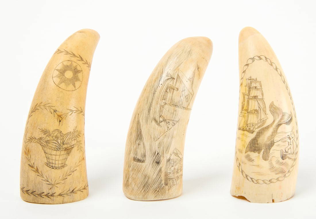 Three Scrimshaw Whale Teeth Auction
