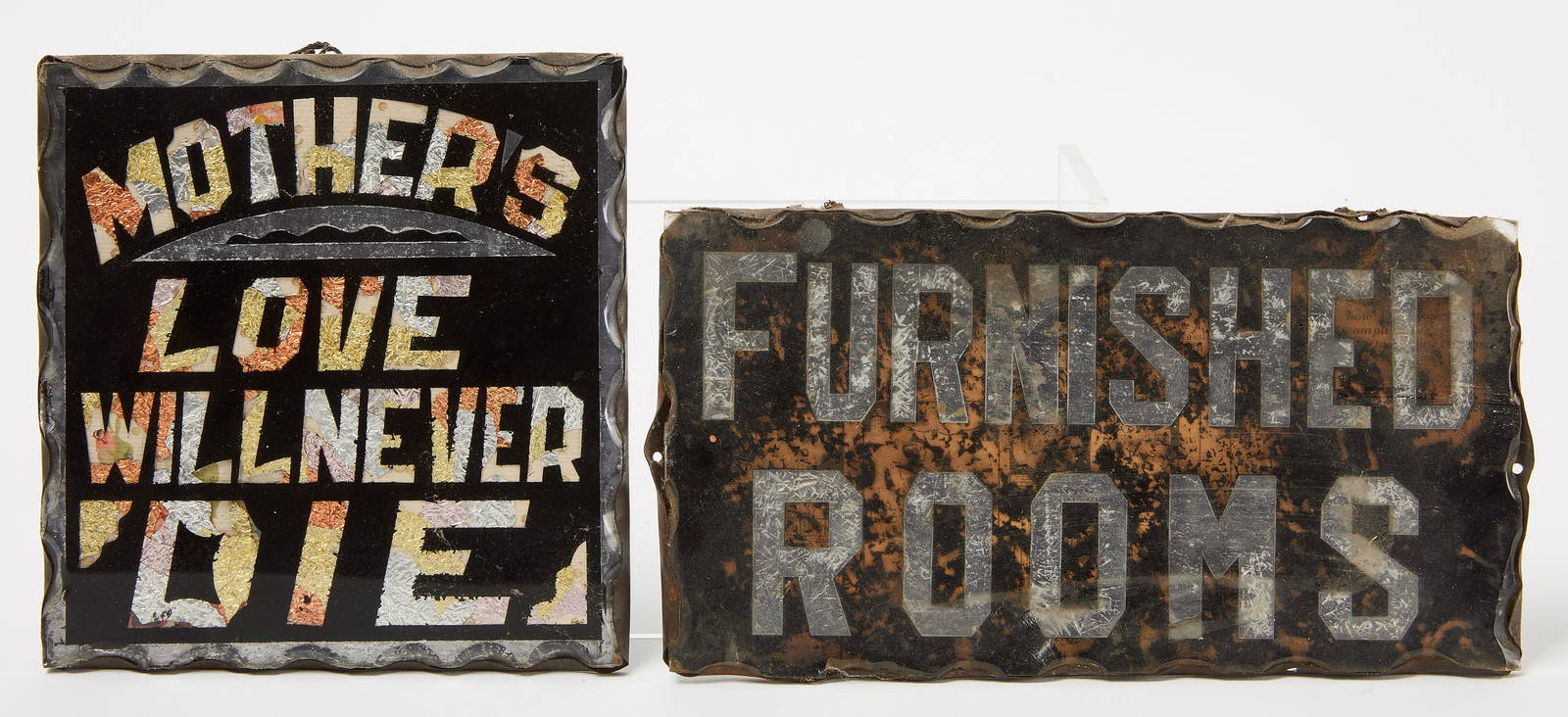 Two Scalloped Edge Glass Signs Auction