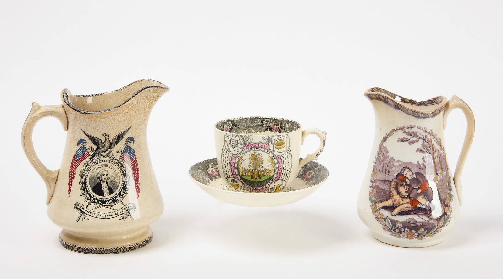 Two Transfer Pitchers And Handled Cup And Saucer Auction