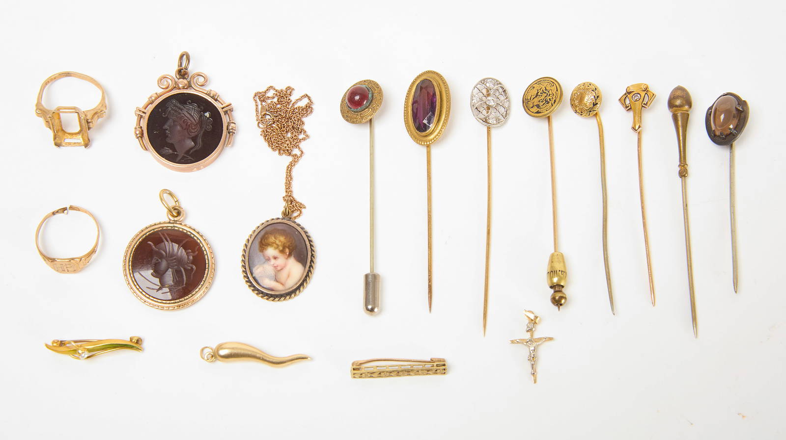 Group Of Antique Stick Pins, Intaglio Charms, And Gold Auction