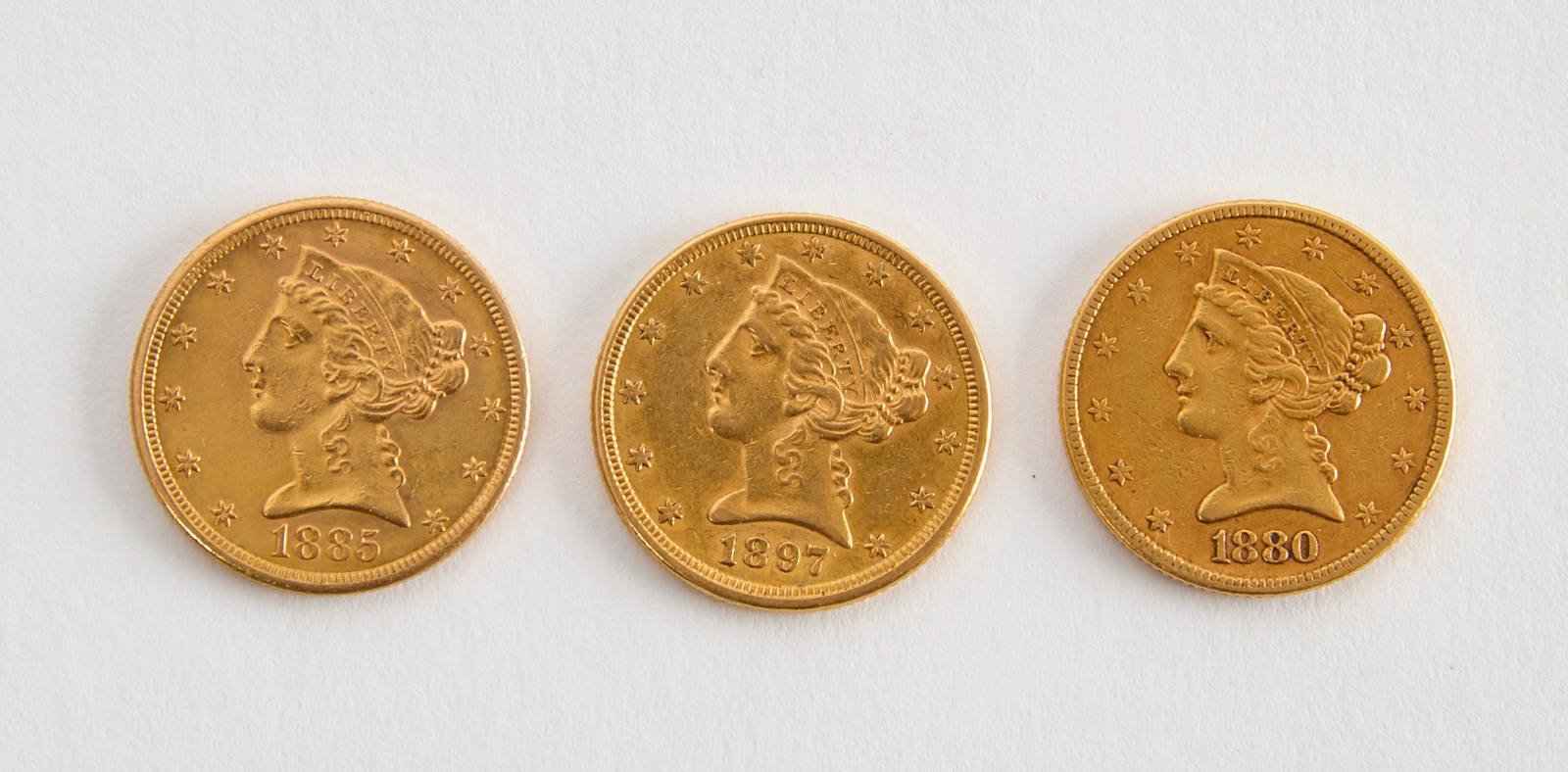 Three Us Coronet Head Five Dollar Gold Pieces - 1880, 1885, And 1897 ...