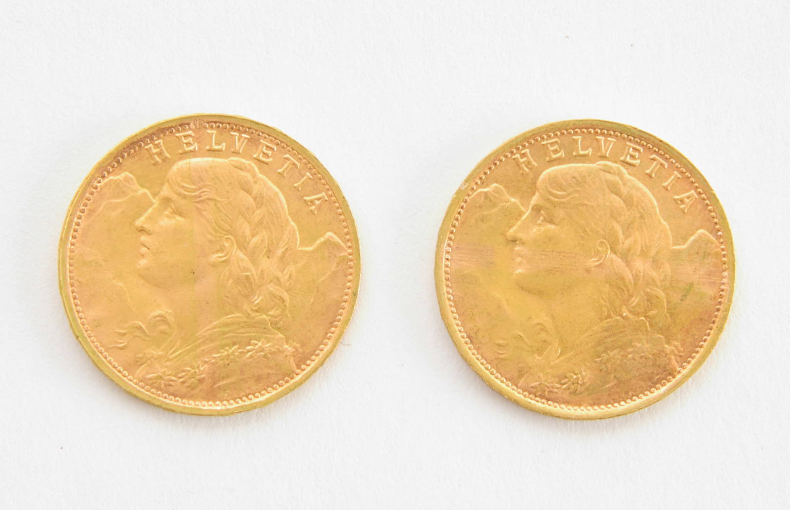 Two Swiss Gold 20 Franc Helvetia Coins Auction