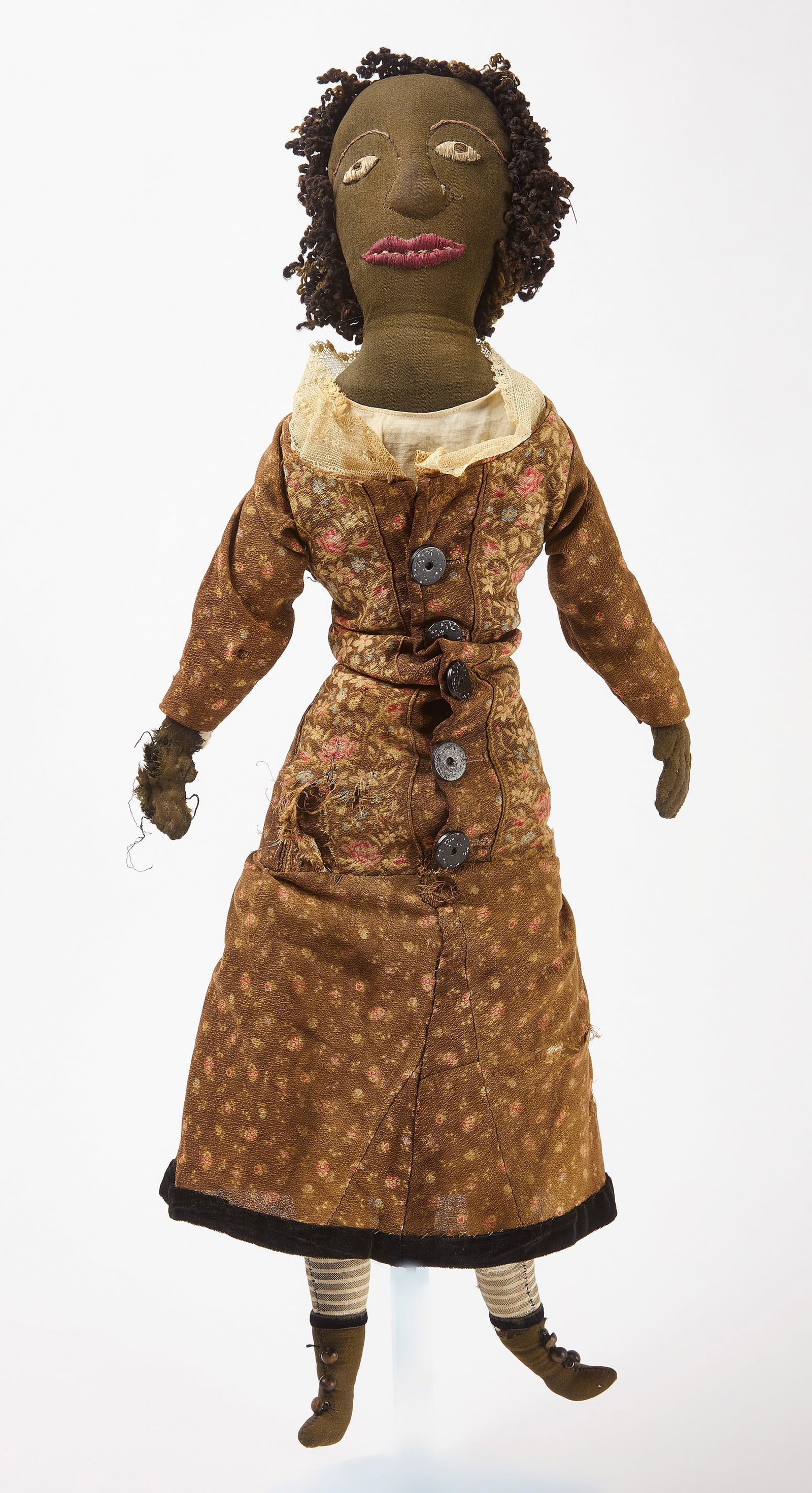 Afro-american Rag Doll In Brown Floral Dress Auction
