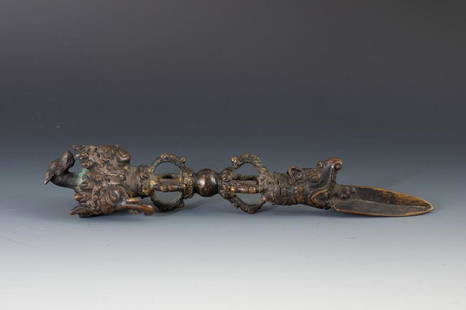 11 Inches Indochinese Style Bronze Ritual Dagger With Multi Headed Deity
