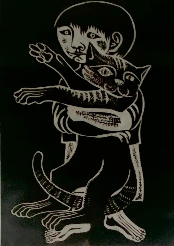 Emmy Lou Packard Linocut, Boy With Cat