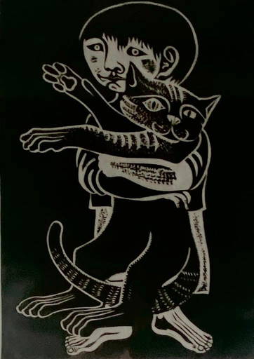 Emmy Lou Packard Linocut, Boy With Cat