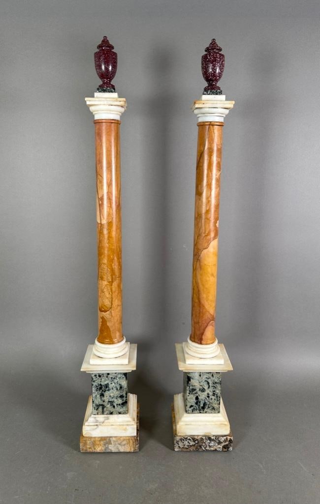 Pair Of Italian Specimen Marble Columns With Porphyry Urn Surmounts Auction