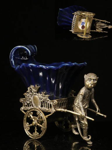 Republican Chinese Gilt Bronze Monkey Pull A Car
