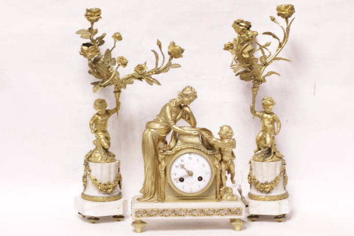 19th.c Bronze Marble Cupid Clock Set W Pendulum An