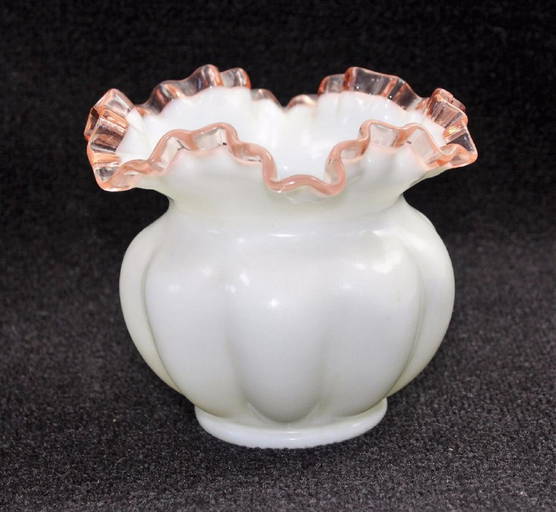 Fenton Pink Crest Milk Glass Ruffle Crimp Edge Vase