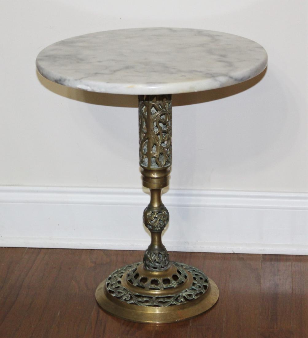 Hollywood Regency Brass Marble Top Pedestal Table