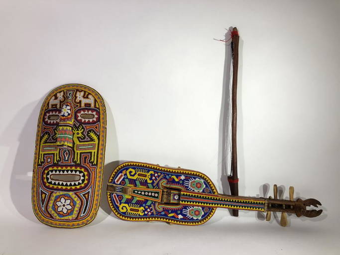 Huichol Native Beaded Violin With Bow And Mask Lot