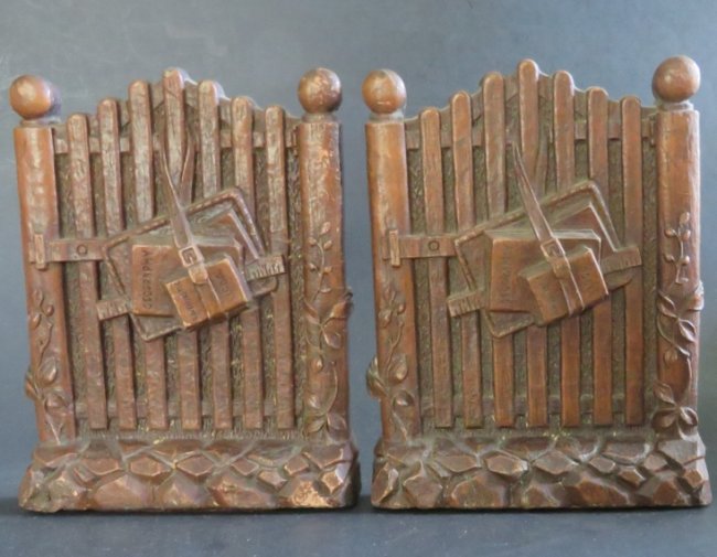 Antique Set Of 2 Bookends, School Books On Fence, Syroco 1920s