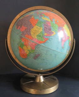 Vintage Replogle 12 Inch Reference Globe, 1950s, Swinging Brass Ring