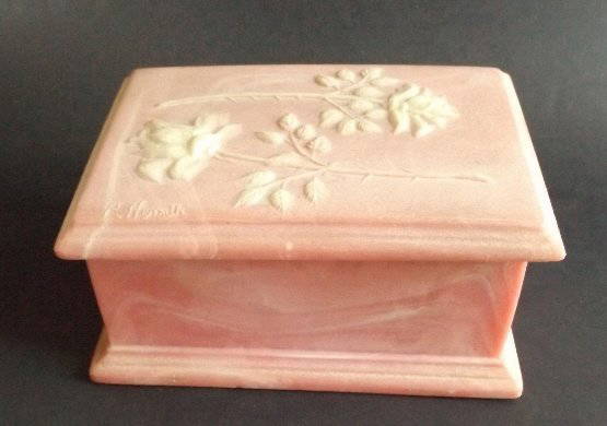 Incolay Pink Stone Jewelry Box, White Roses On Lid, Robert Nemith 1974