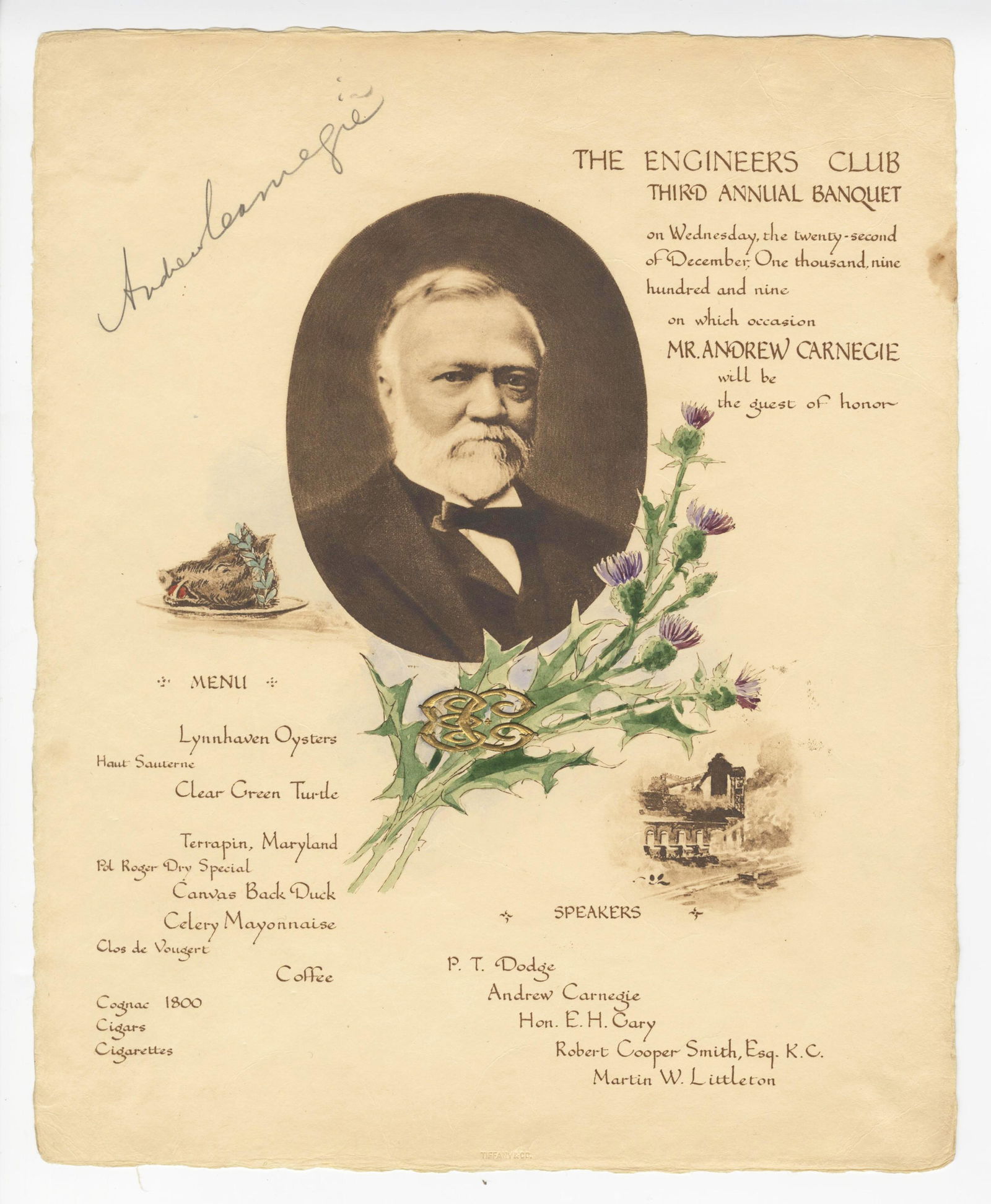Andrew Carnegie Signed Tiffany Hand Painted Menu - Feb 26, 2020 ...