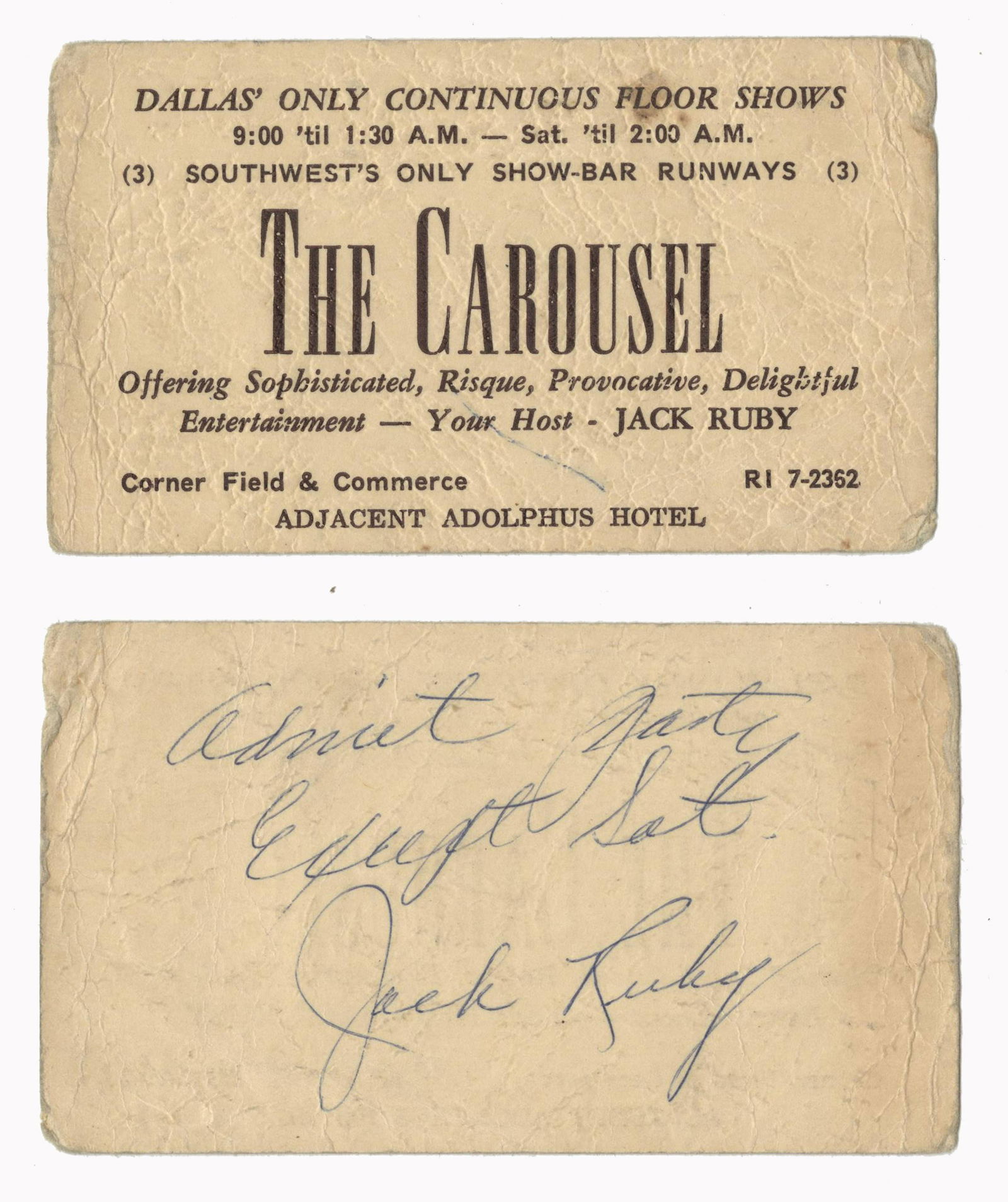 Jack Ruby Signed Carousel Club Card, W. Letter