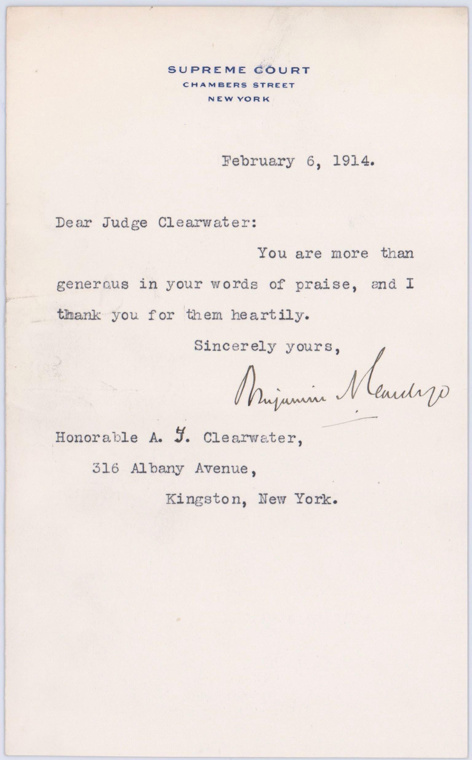 Benjamin Cardozo Thanks Ny Judge For His "words Of Praise" Tls