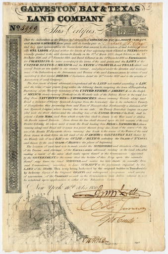 Galveston Bay & Texas Land Company Labor Scrip Made Out To Company ...