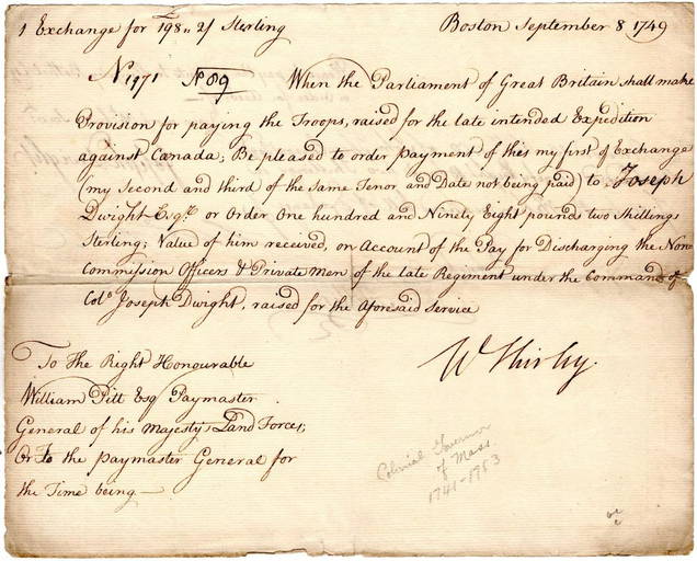 Mass. Governor William Shirley Signs 1749 Pay Order To William Pitt For ...