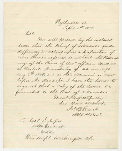 J.E.B. Stuart ALS to the War Department Re: A Sword Device (#0321) on ...