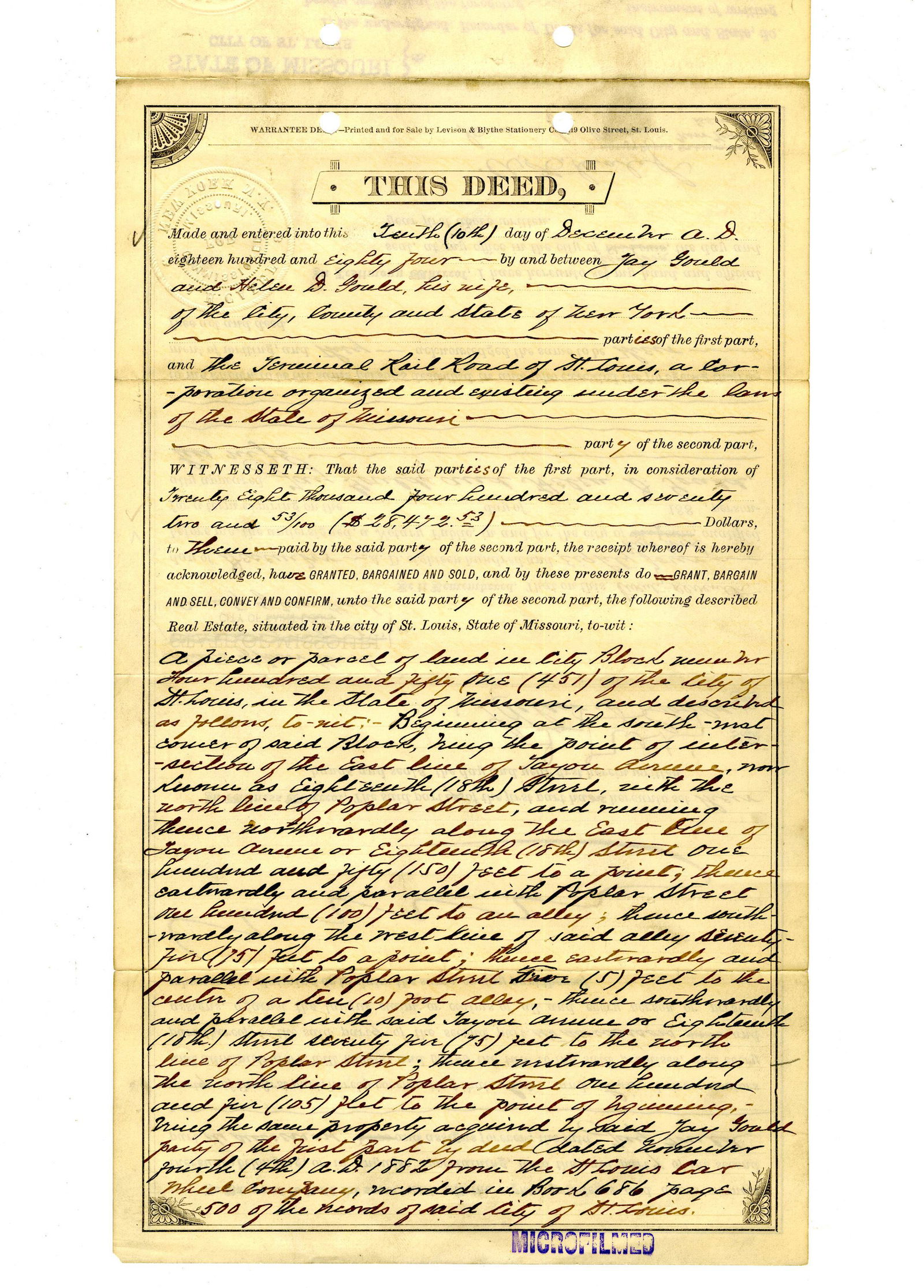 Jay & Helen Gould Signed Deed for The Terminal Rail Road of St. Louis ...
