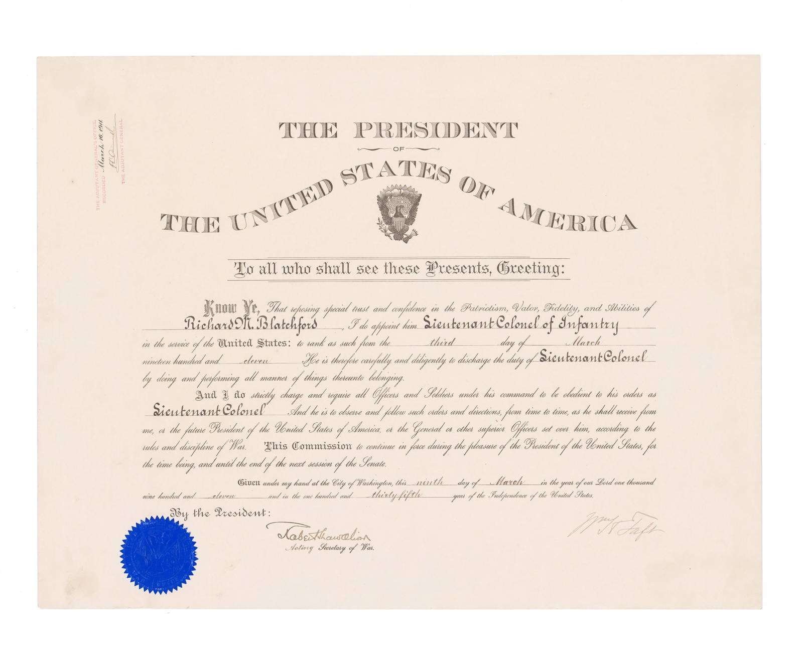 William H. Taft Signed Appointment For Richard M. Blatchford, Future ...
