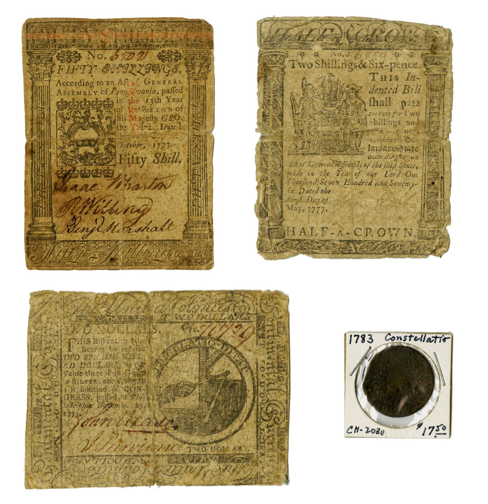 3 Colonial Currency Notes From Pa & De (1773-1777), Plus 1783 Nova ...