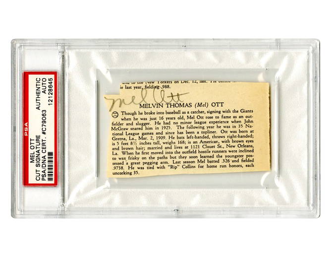 Melvin (mel) Ott Signed Newspaper Clipping, Psa Encapsulated