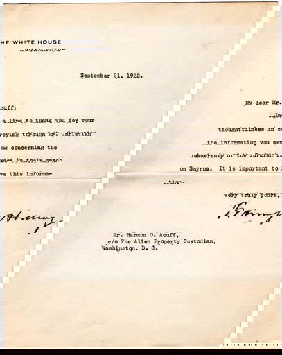 Harding Letter As President About March On Smyrna