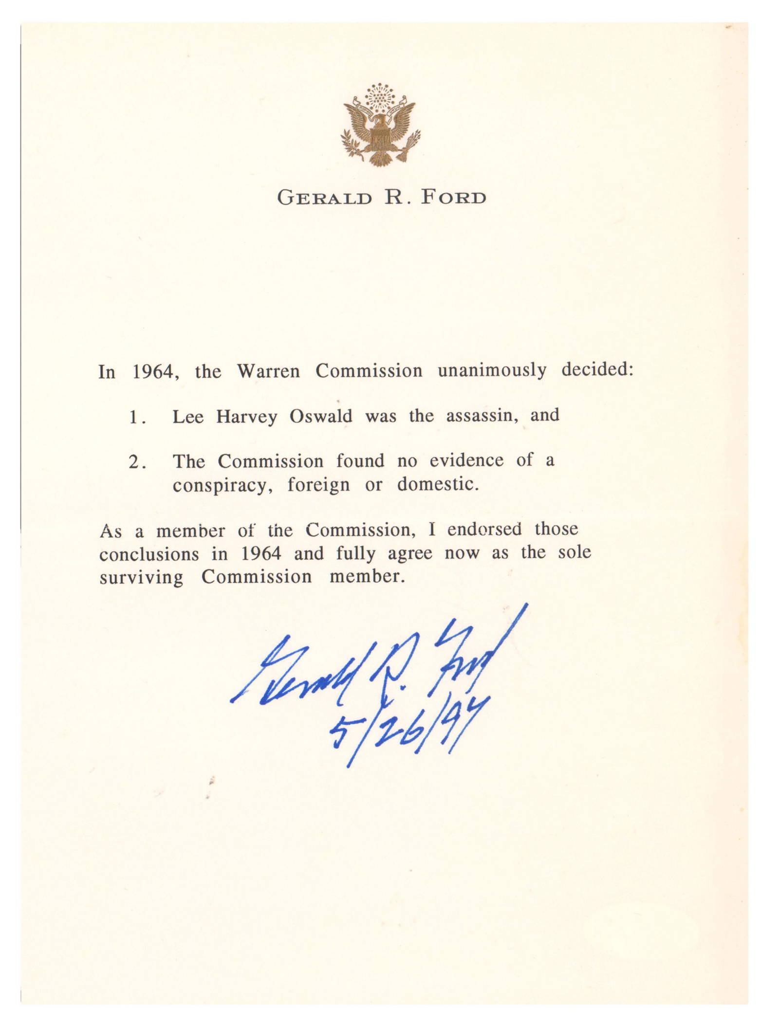 Jfk Assassination: Gerald R. Ford Signed Warren Commission Statement ...