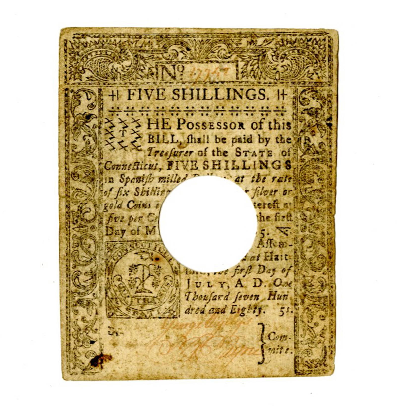 Colonial Connecticut Five Shilling Bank Note, 1780 Auction