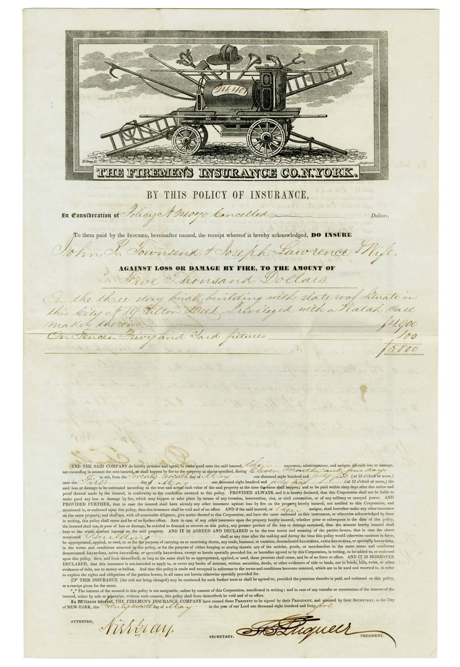 1845 New York Firemen's Insurance Policy, Year Of Last Great Fire, Ex ...