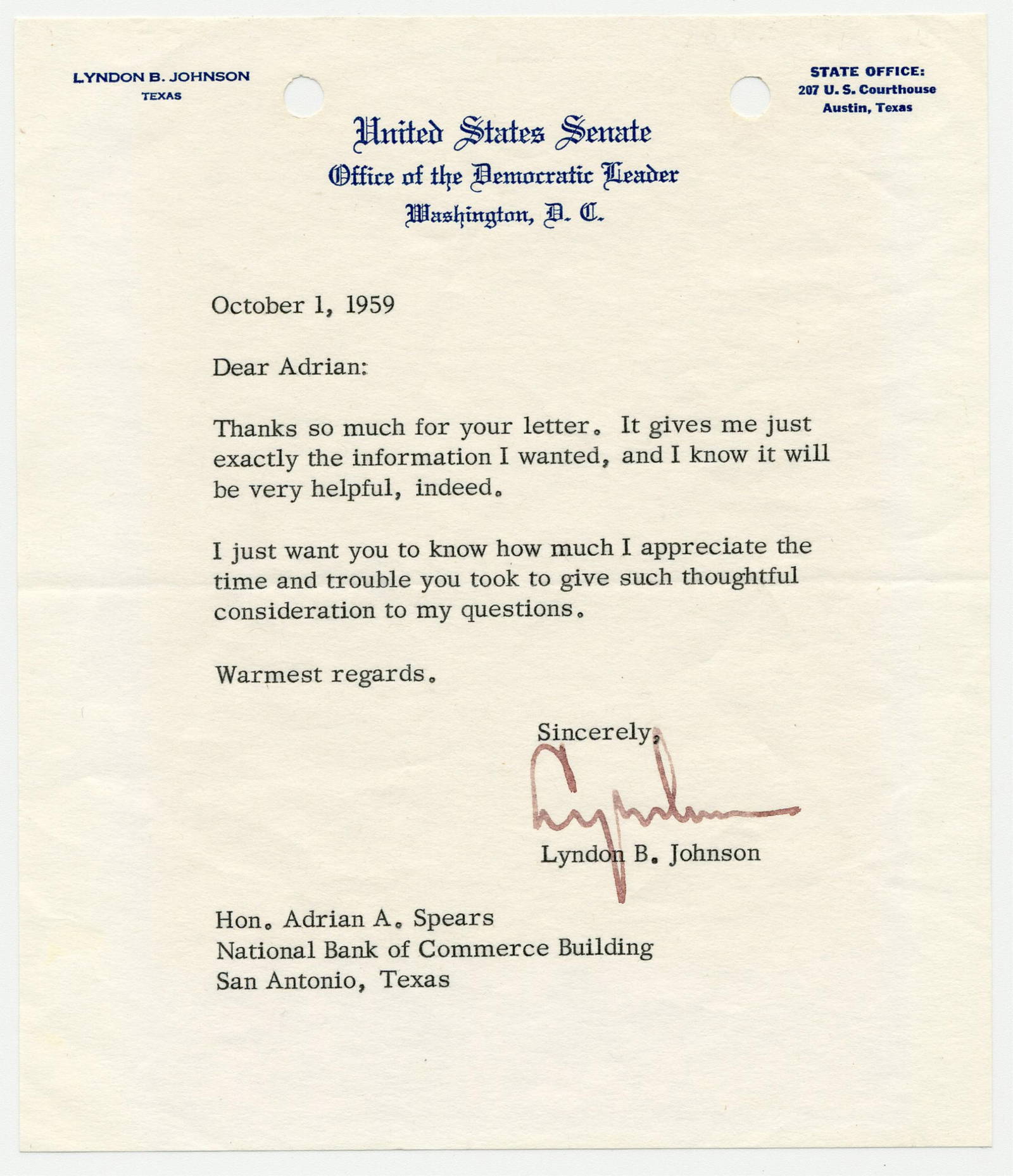 Lyndon B. Johnson Tls On "office Of The Democratic Leader" Letterhead ...