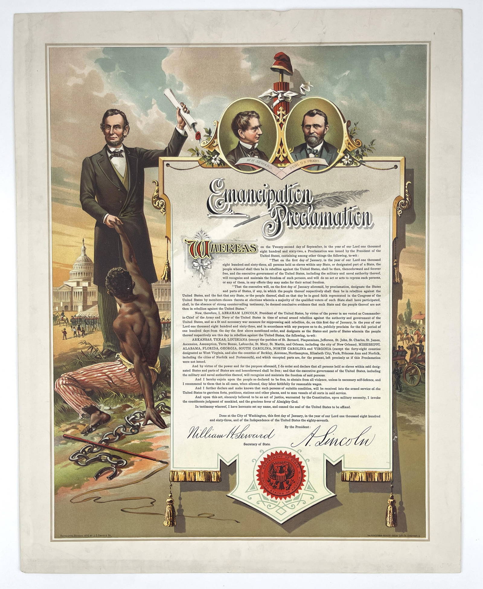 Superb Lithograph Of Lincoln's Emancipation Proclamation By J. S. Smith ...